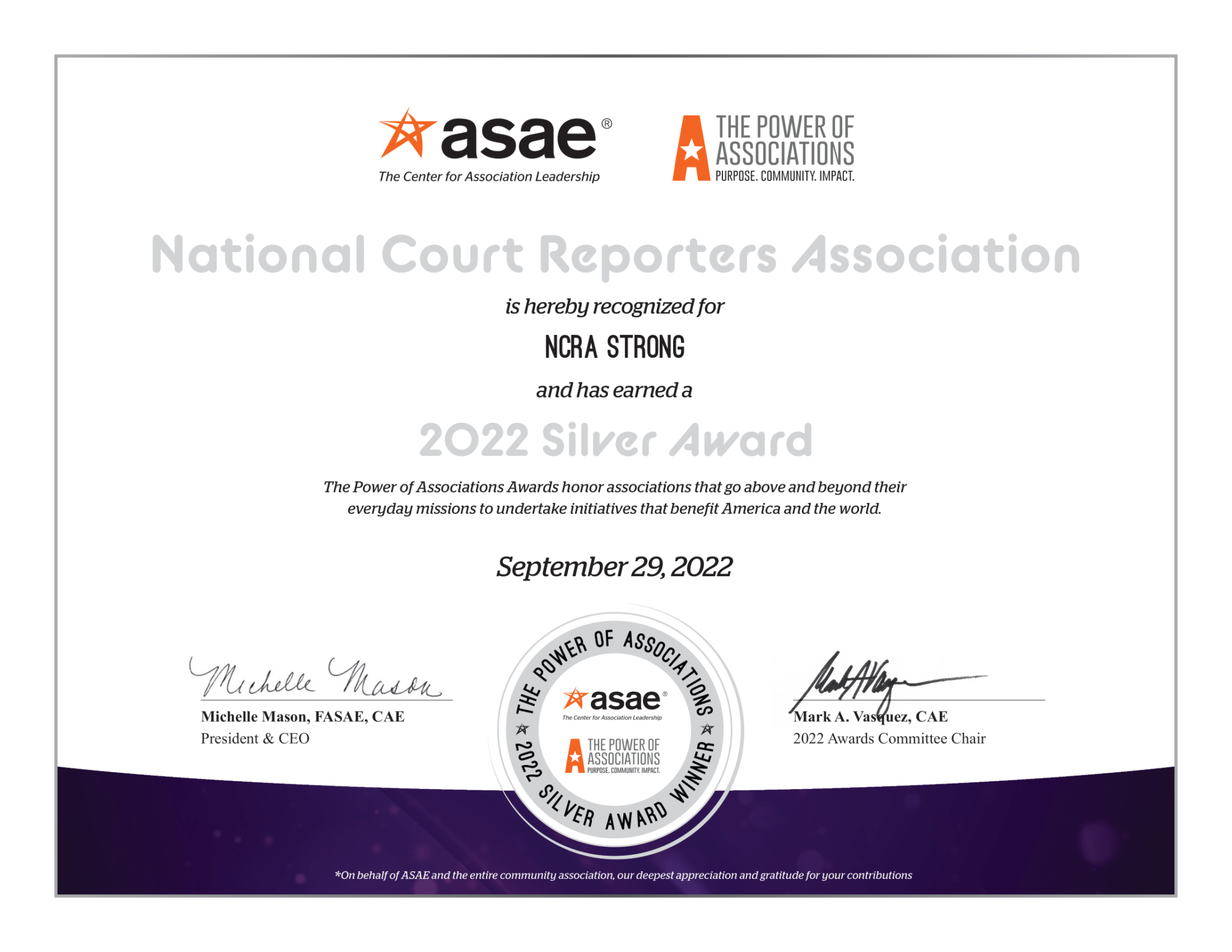 NCRA STRONG earns Power of Associations Award